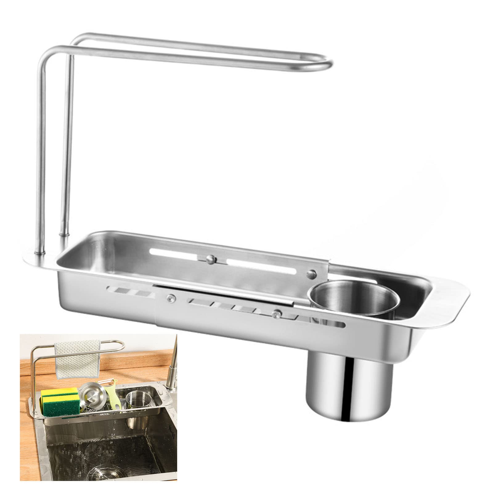 AJIODA Kitchen Sink Caddy Sponge Holder, Expandable Sink Storage Rack with Dishcloth Towel Holder & Residue Filter, Stainless Steel Multi-Functional Over Sink Kitchen Caddy Drying Rack Drain Rack
