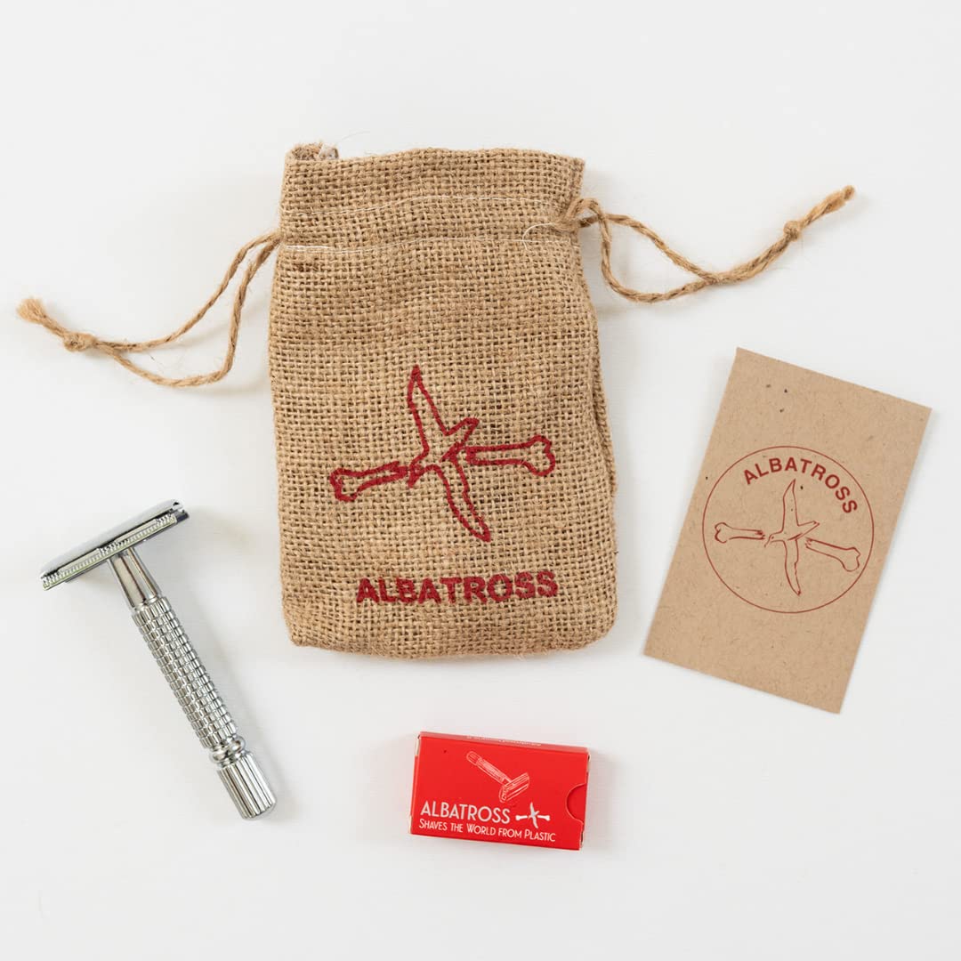 Albatross Zero Waste Flagship 3-Piece Safety Razor, Double Edge Metal Reusable Razor for Men & Women + 10 Blades