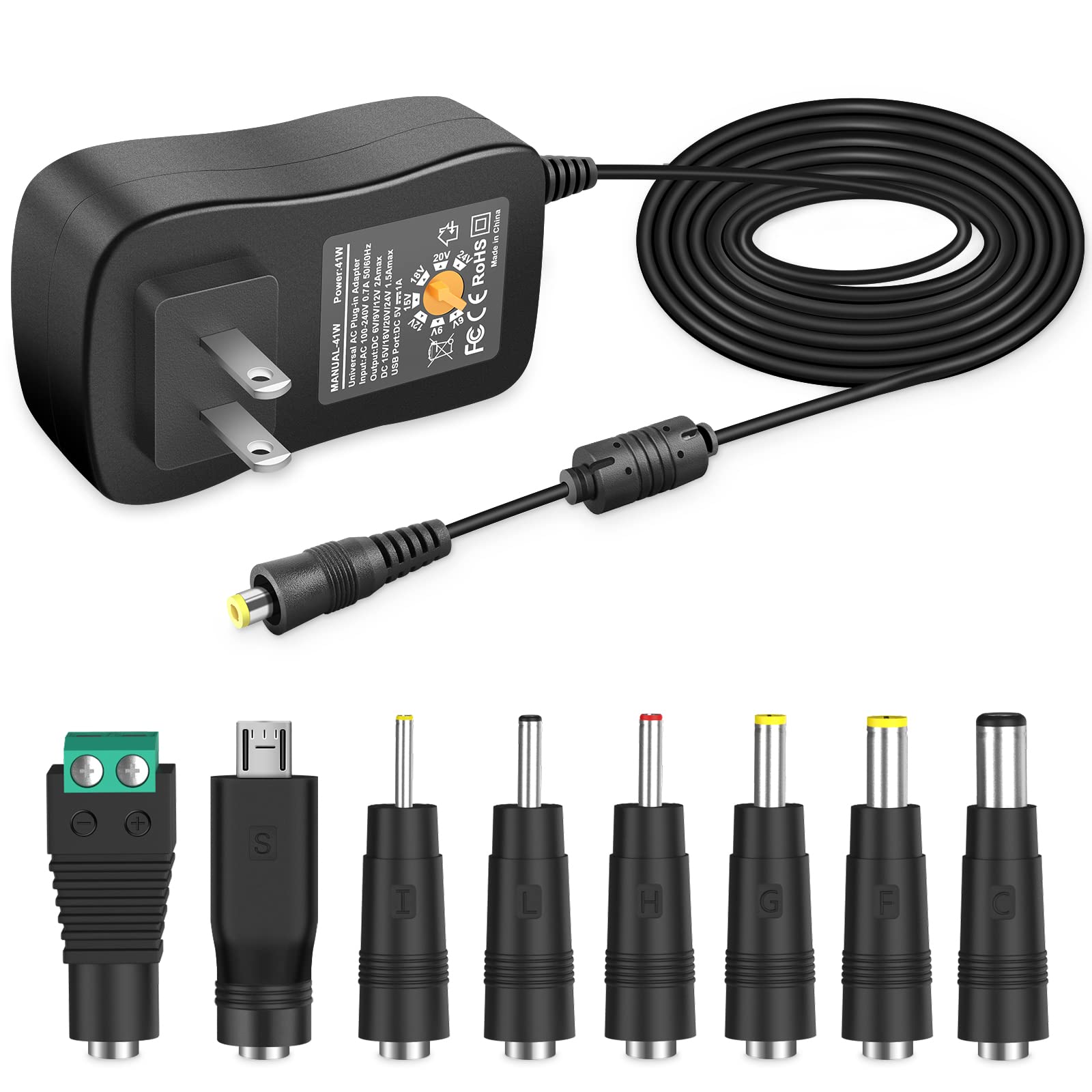 41W AC Adapter, Universal AC DC Power Adapter, AC/DC Power Supply 100-240V 50/60HZ 6V 9V 12V 2A 15V 18V 20V 24V 1.5A Adjustable Switching Adapter with 8 Tips for LED Strip Light, Camera,Router,Speaker
