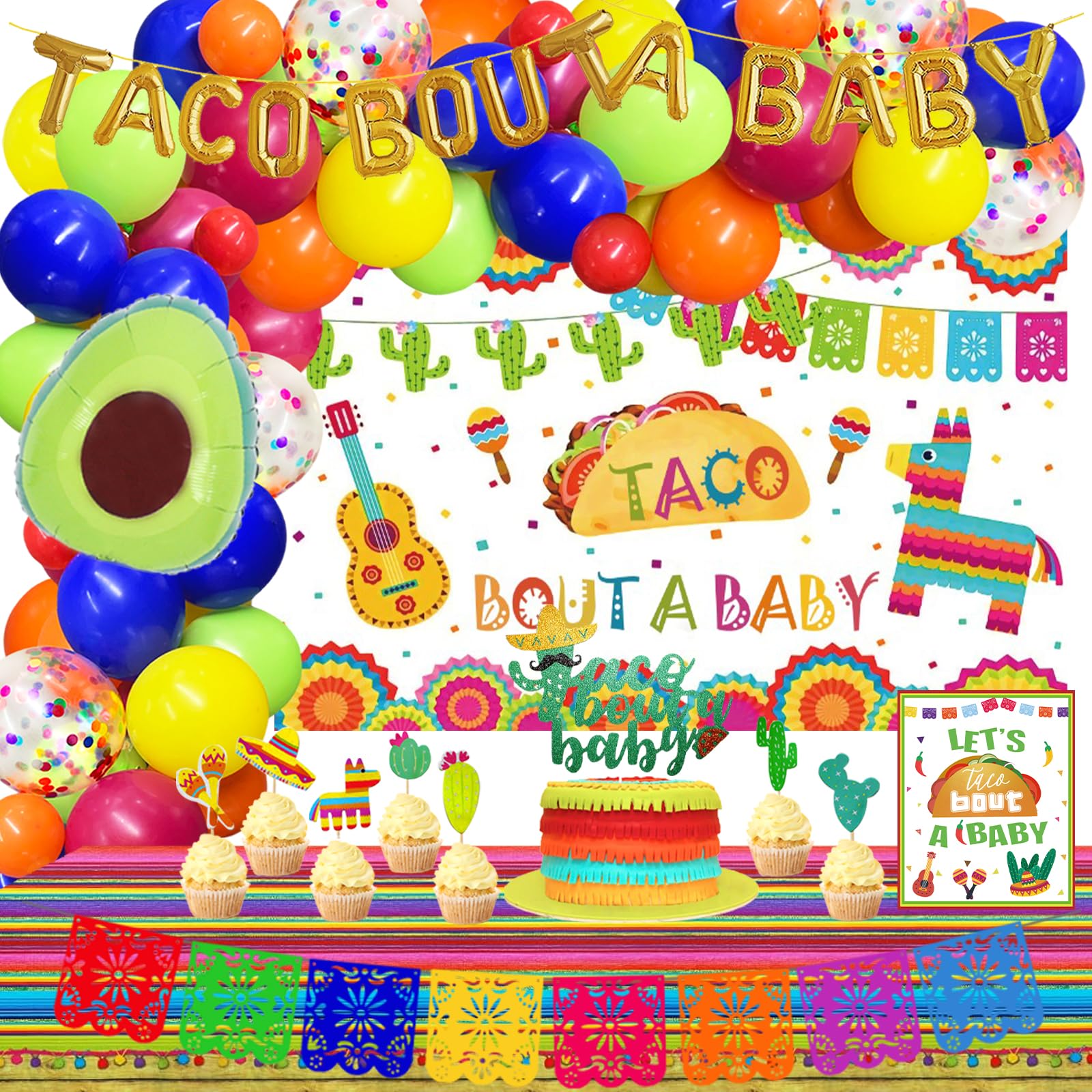 Fiesec Taco Bout a Baby Decorations, Mexican Fiesta Taco Baby Shower Decorations Backdrop Balloon Garland Banner Tablecloth Cake Cupcake Topper Poster Taco Avocado Multiple Colors