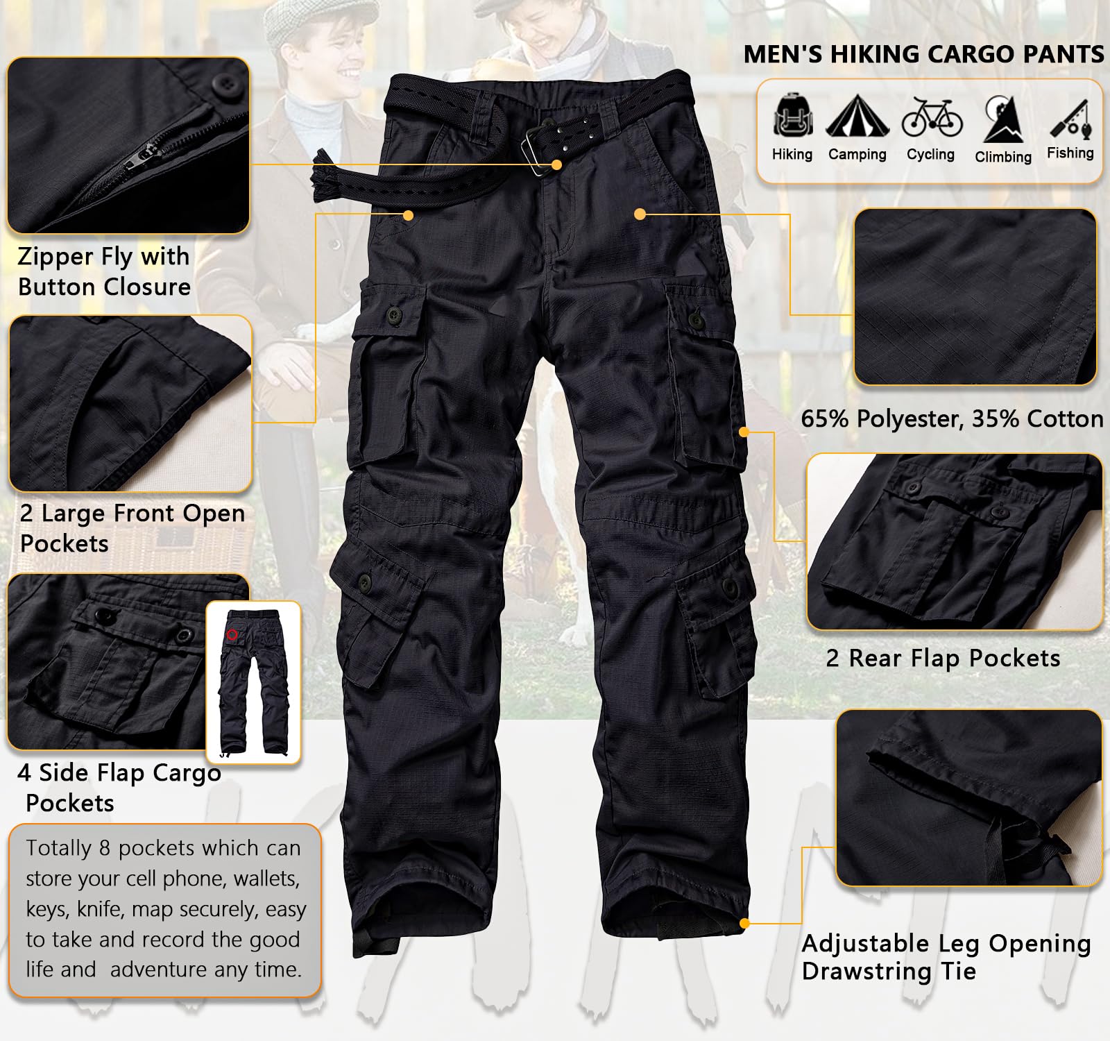 AKARMY Men's Ripstop Wild Cargo Pants, Relaxed Fit Hiking Pants, Army Camo Combat Casual Work Pants with 8 Pockets(No Belt) 3355 Black 32