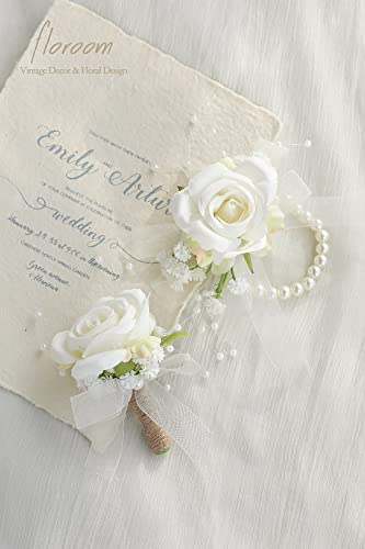 Floroom Ivory Rose Wrist Corsage Bracelet Wristlet Band and Men Boutonniere Set for White Wedding Flower Accessories Prom Suits