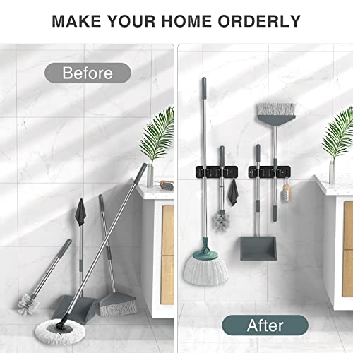 Mop Broom Holder Wall Mounted SUS304 Stainless Steel, HOMEASY Mop Broom Organizer with 2 Installation Methods (No Drilling & Screw Drilling Installation 2 In 1), Mop Hanger Heavy Duty with Hooks, 2PCS
