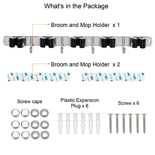 Mop Broom Holder Wall Mounted,Heavy Duty Mop and Broom Wall Mount Stainless Steel with 5 Racks 4 Hooks for Laundry Room, Home, Garage, and 1 hook Separated included （Black）
