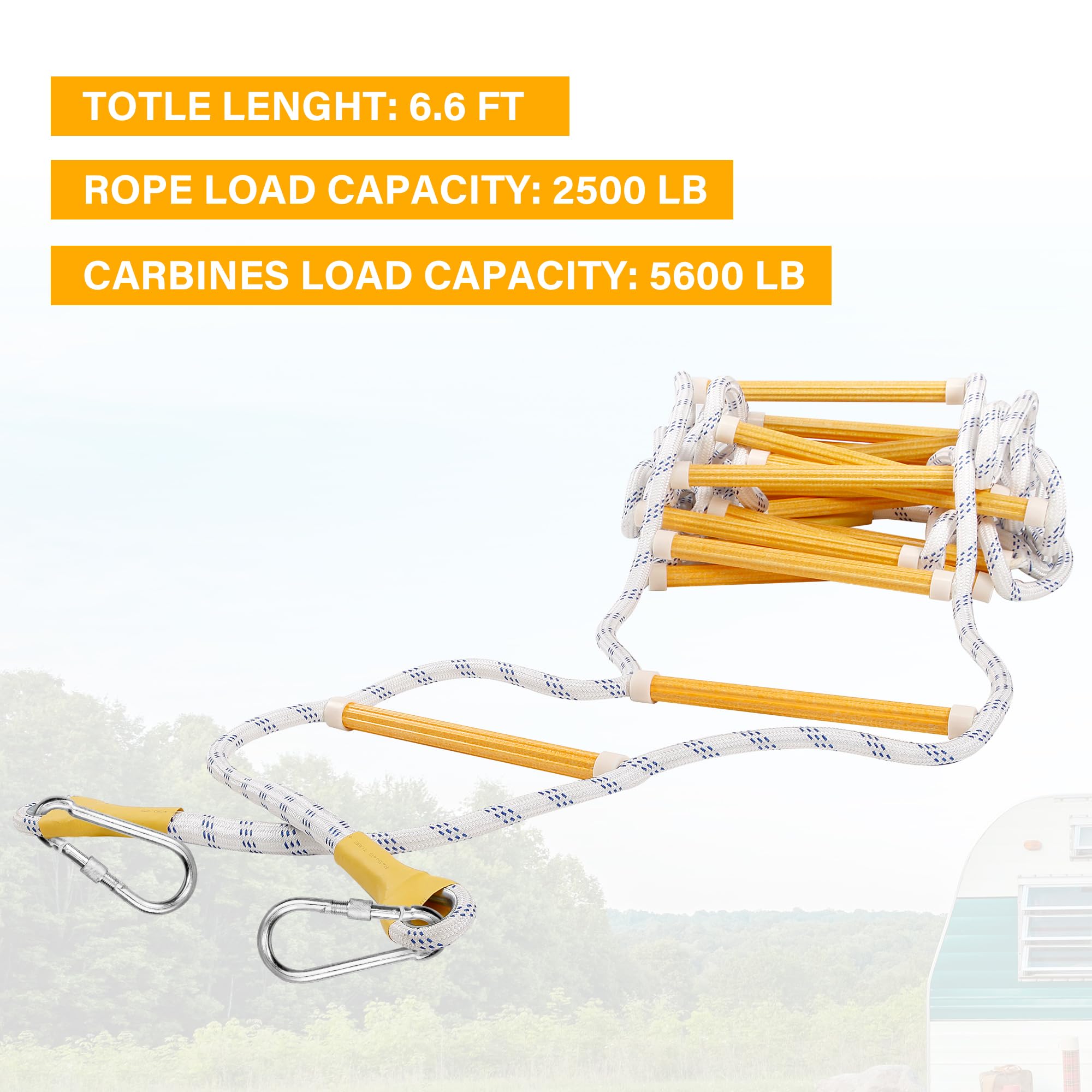 EMEKIAN Emergency Fire Escape Ladder Flame Resistant Safety Extension Rope Ladder with 2 Hooks, 2 Story Homes Reusable Compact Portable External Ladder (2 M / 6.6 FT)