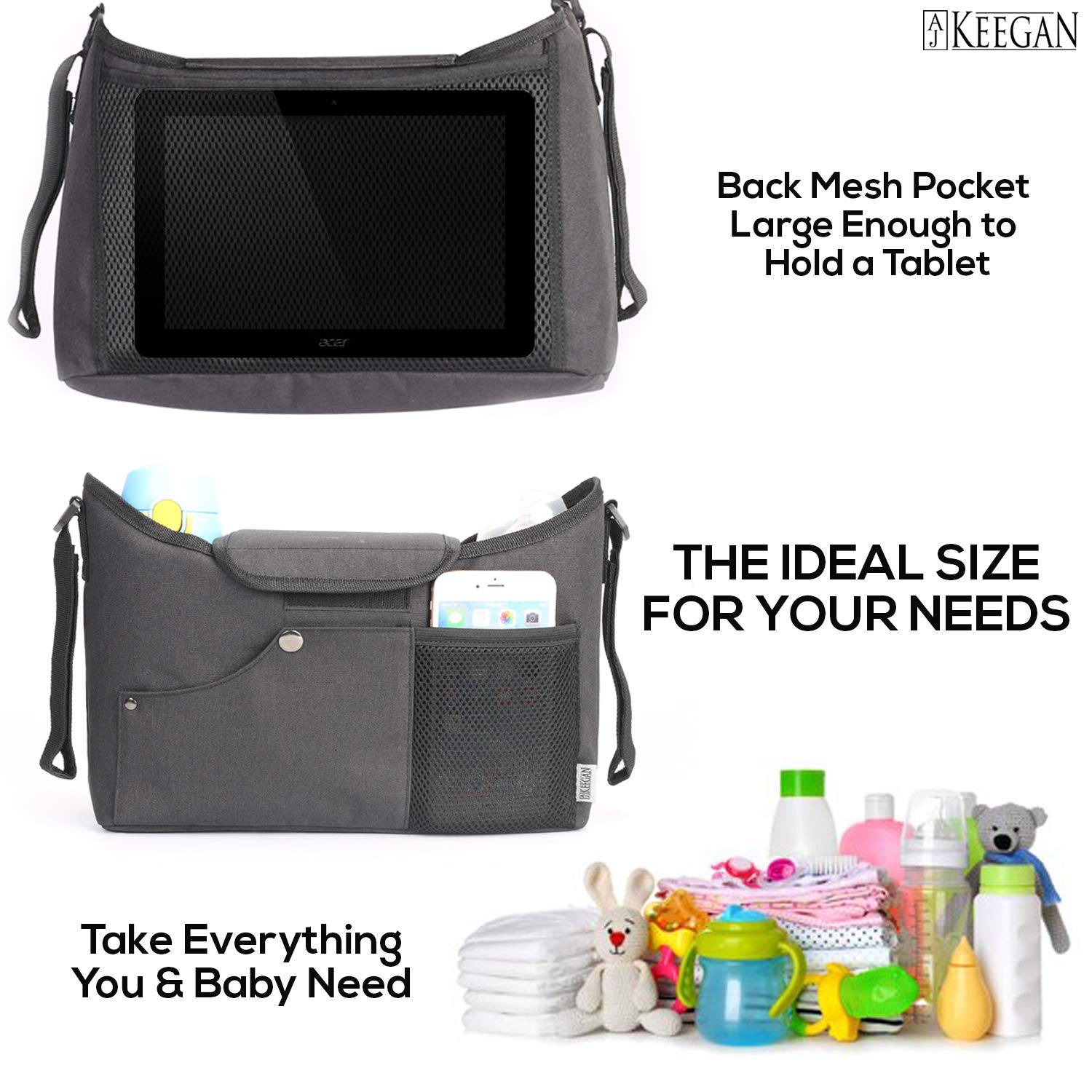 AJ KEEGAN Universal Baby Stroller Organizer with Cup Holders - The Only Stroller Accessory You Need - Universal Stroller Organizer Bag Includes Shoulder Strap & Stroller Hook - for Baby Shower Gifts