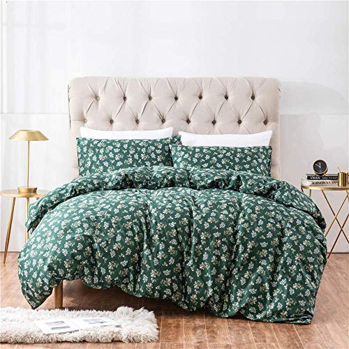 PinkMemory Green Floral Duvet Cover Queen Vintage Floral Bedding Set with Pillowcases Natural 100% Cotton Zipper Closure Soft-No Filler