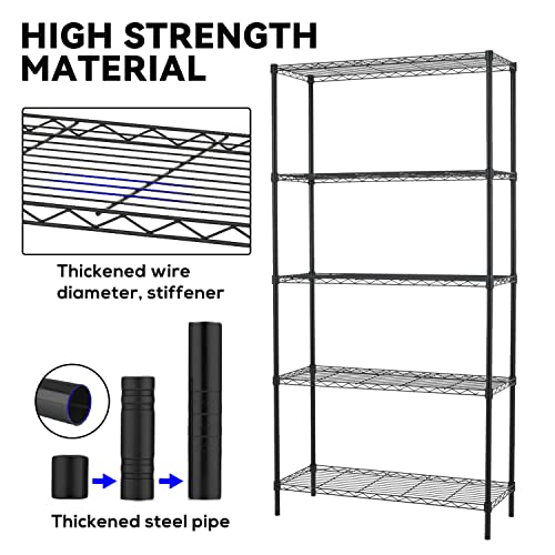 Wire Shelving Unit, 5 Shelf Metal Storage Rack NSF Certified Storage Rack 36" W x 14" D x 72" H 1250Lbs Capacity Garage Shelving Adjustable Heavy Duty Metal 5 Tier Metal Shelving Unit (Black)