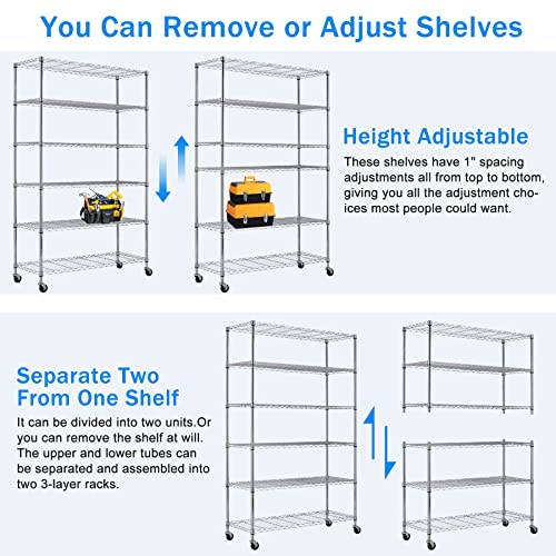 Wire Shelving Unit with Wheels, 6 Tier Adjustable Metal Shelving Heavy Duty Storage Shelves 2100 Lbs Capacity 48" L X 18" W X 82" H Metal Shelf for Pantry Kitchen Basement, Chrome