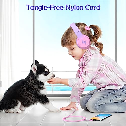 Candy Bila Kids Headphones, Wired Headphones for Kids with Microphone, 85/94dB Volume Limiter Headphones for Girls Boys with Sharing Jack, Foldable Headphones for Online Study, Gradient Red