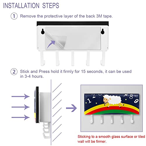 Bed Time Sheep Rainbow Night Mail Holder Organizer and Key Hooks PU Front, Self Adhesive Key Rack with 5 Hooks Perfect for Entryway, Hallway,Bathroom ,Kitchen