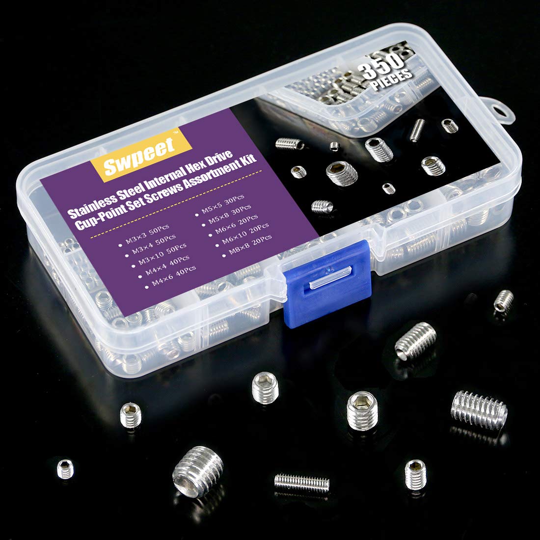 Swpeet 350 Pcs Stainless Steel Allen Head Socket Hex Grub Screw Assortment Kit, Including 10 Sizes M3/4/5/6/8 Stainless Steel Internal Hex Drive Cup-Point Set Screws for Door Handles