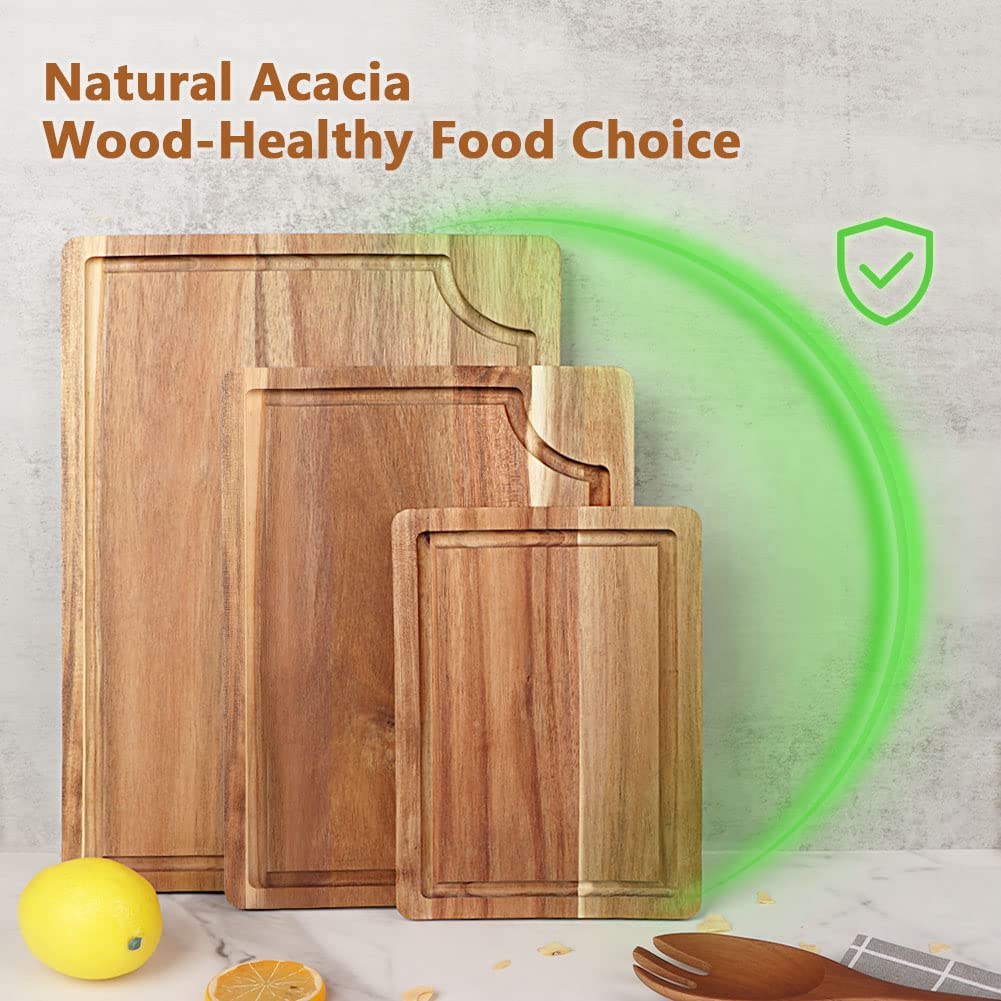 AIDEA Acacia Wood Cutting Board, Cutting Boards for Kitchen Chopping Board with Handle Set of 3 for Meat/Vegetables/Fruits