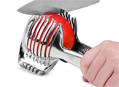 i Kito Tomato Lemon Slicer Holder Round Fruits Onion Shreader Cutter Guide Tongs with Handle Kitchen Cutting Potato Lime Food Stand Stainless Steel