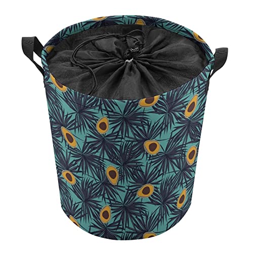 Avocado and Leaves Laundry Basket Round Collapsible Storage Bin with Drawstring and Handle for Bedroom Bathroom Toys Room 17.3" X 13.8"