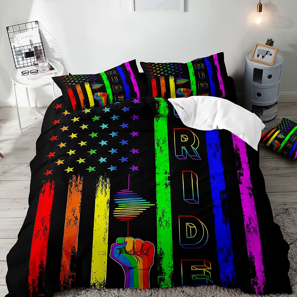 VIVIHOME 2PCS Rainbow American Flag Duvet Cover, Twin Bedding Sets, Black Bedding, LGBTQ Parade Lesbian Gay Pride Bedding, Comforter Cover, Quilt Cover Bedroom Decor, Inspirational Gifts, 1 Pillowcase