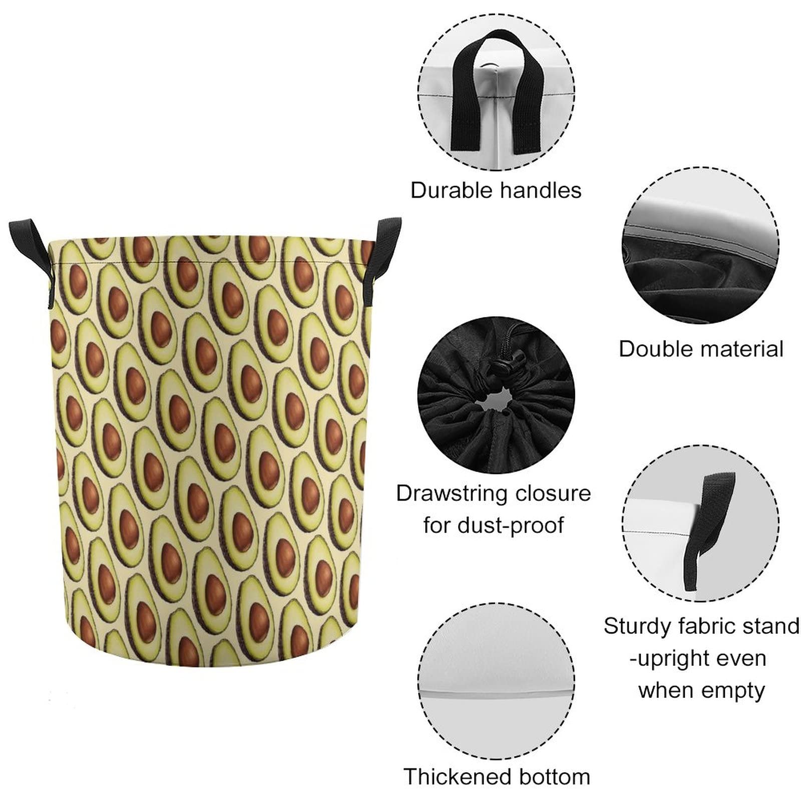 Avocado Laundry Basket Round Collapsible Storage Bin with Drawstring and Handle for Bedroom Bathroom Toys Room 17.3" X 13.8"