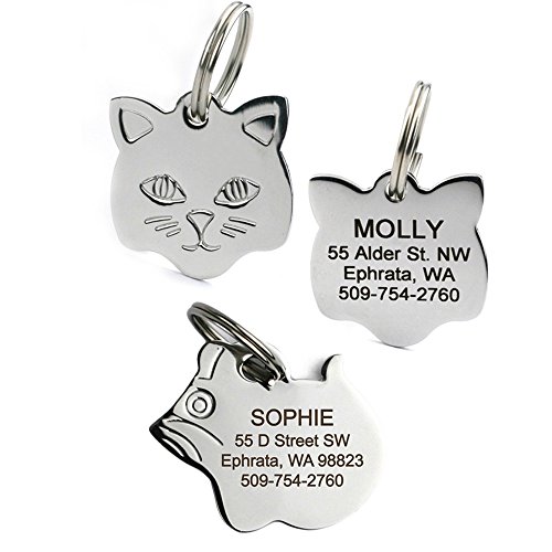 GoTags Stainless Steel Cat ID Tags, Available in Mouse and Cat Shapes, Includes up to 4 Lines of Custom Engraved Personalized Text, (Cat Shape)