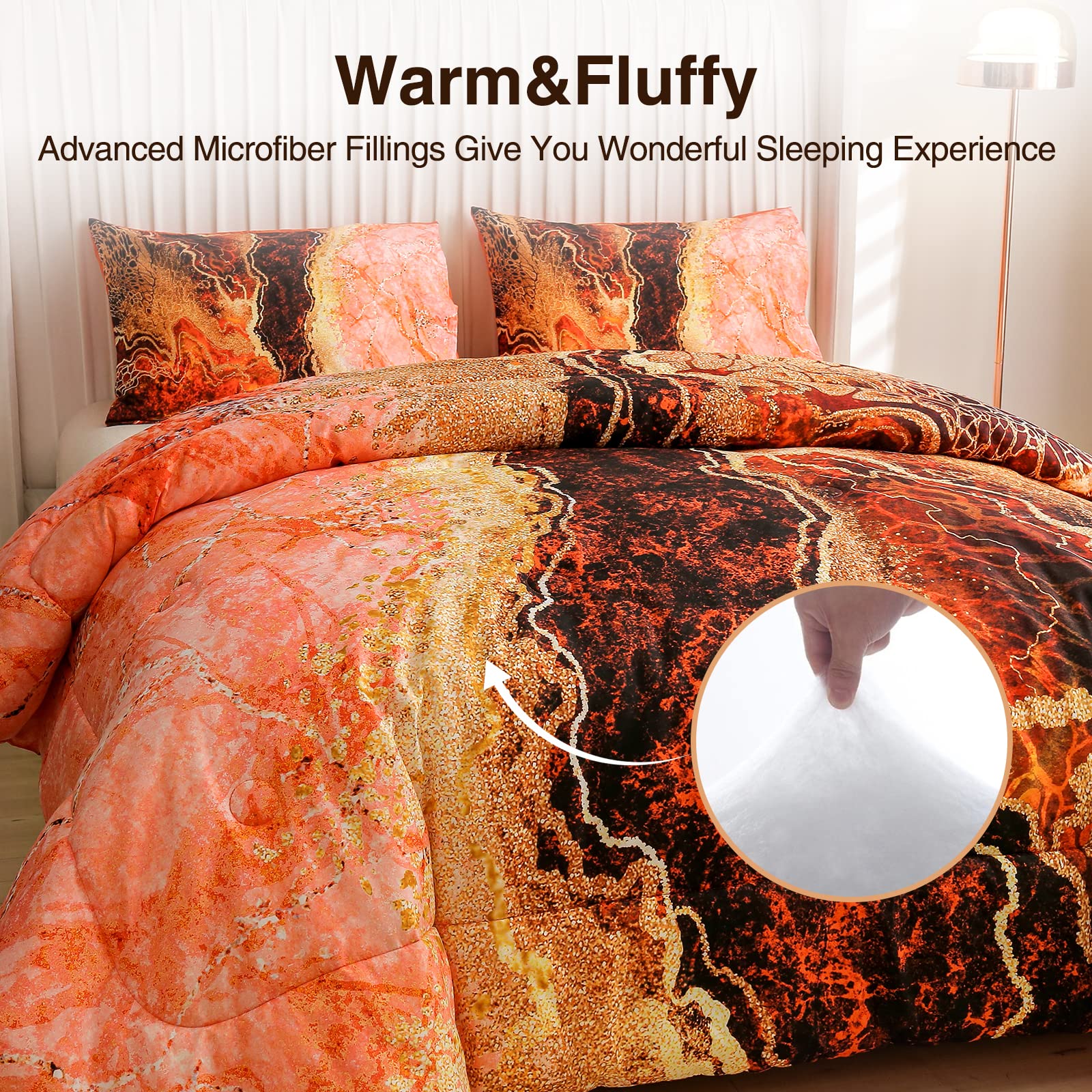 A Nice Night Marble Like Burning Mountain Printed Bedding Set,Retro Style Watercolor Artwork Design,Ultra Soft Comforter Set (Orange,Full(78-by-90-inches))
