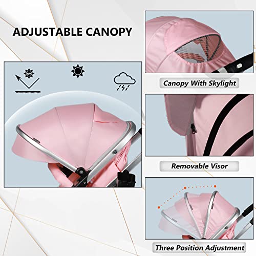 Kinder King 2 in 1 Convertible Baby Stroller, Folding High Landscape Infant Carriage, Newborn Reversible Bassinet Pram, Adjustable Canopy, Diaper Bag, Anti-Shock Toddler Pushchair Stroller, Pink