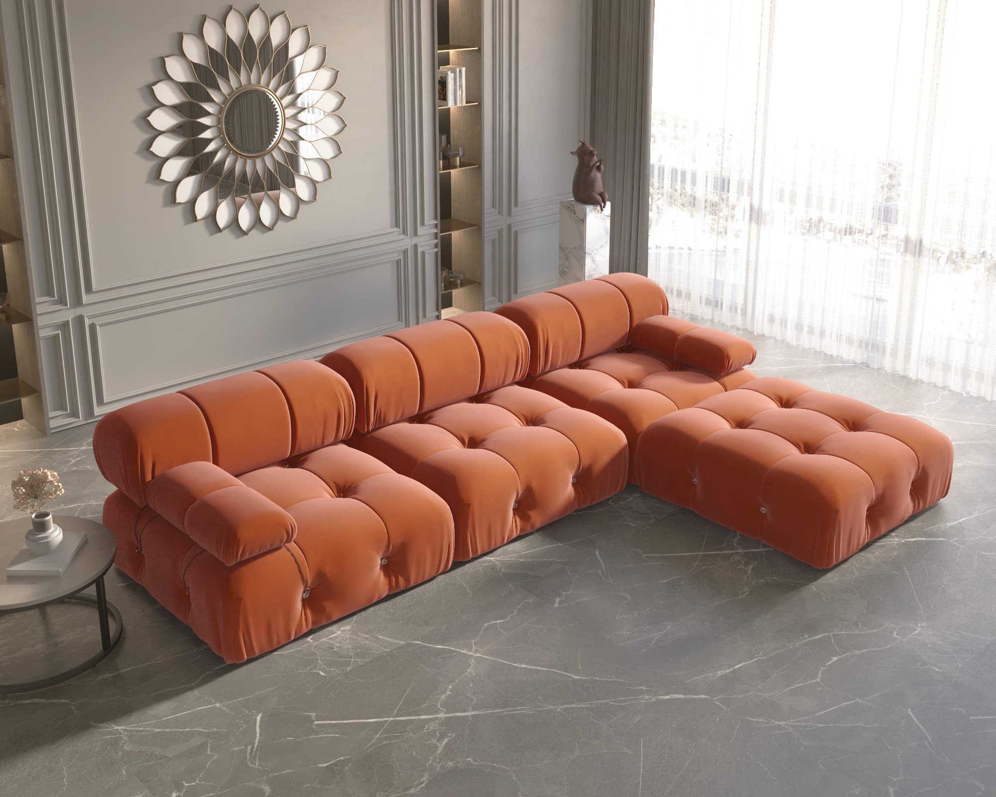 MGH Convertible Modular, Minimalist Couch with Ottomans, L-Shaped Velvet Sofas Couches, 4-Seat Sofa Couch Sectional with Reversible Chaise for Living Room (Orange)