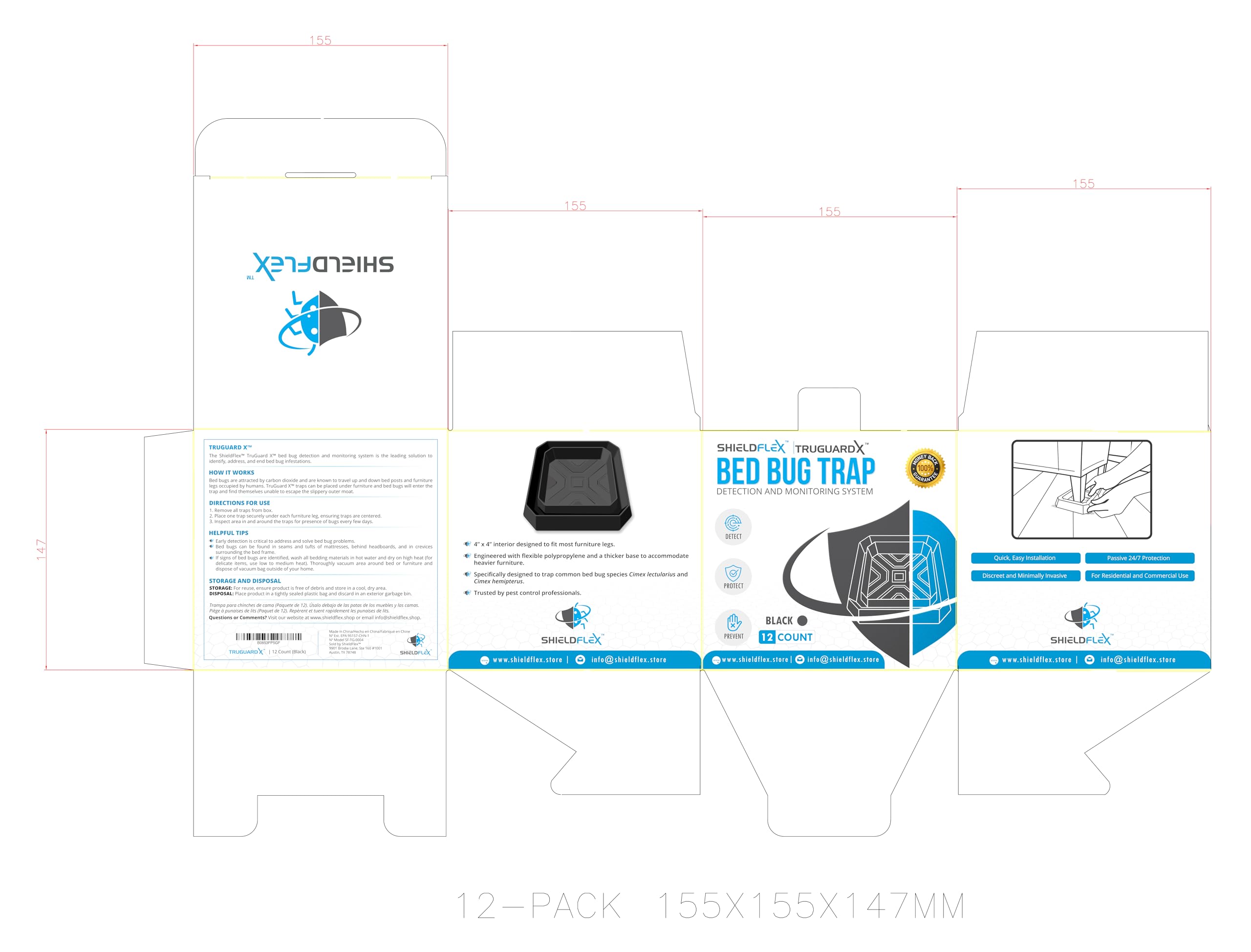 Bed Bug Trap — 12 Pack | TruGuard X Bed Bug Interceptors (Black) | Eco Friendly Bed Bug Traps for Bed Legs | Reliable Insect Detector, Interceptor, and Monitor for Pest Control and Treatment