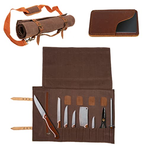 Prechepro (US Based Company Chef Knife Roll Bag With 10 Pockets, Tool Pouch And Leather Card Holder - Chef Knife Bag - Handmade Craftsmanship - Rugged Industrial Quality - Bag Only - No Knives