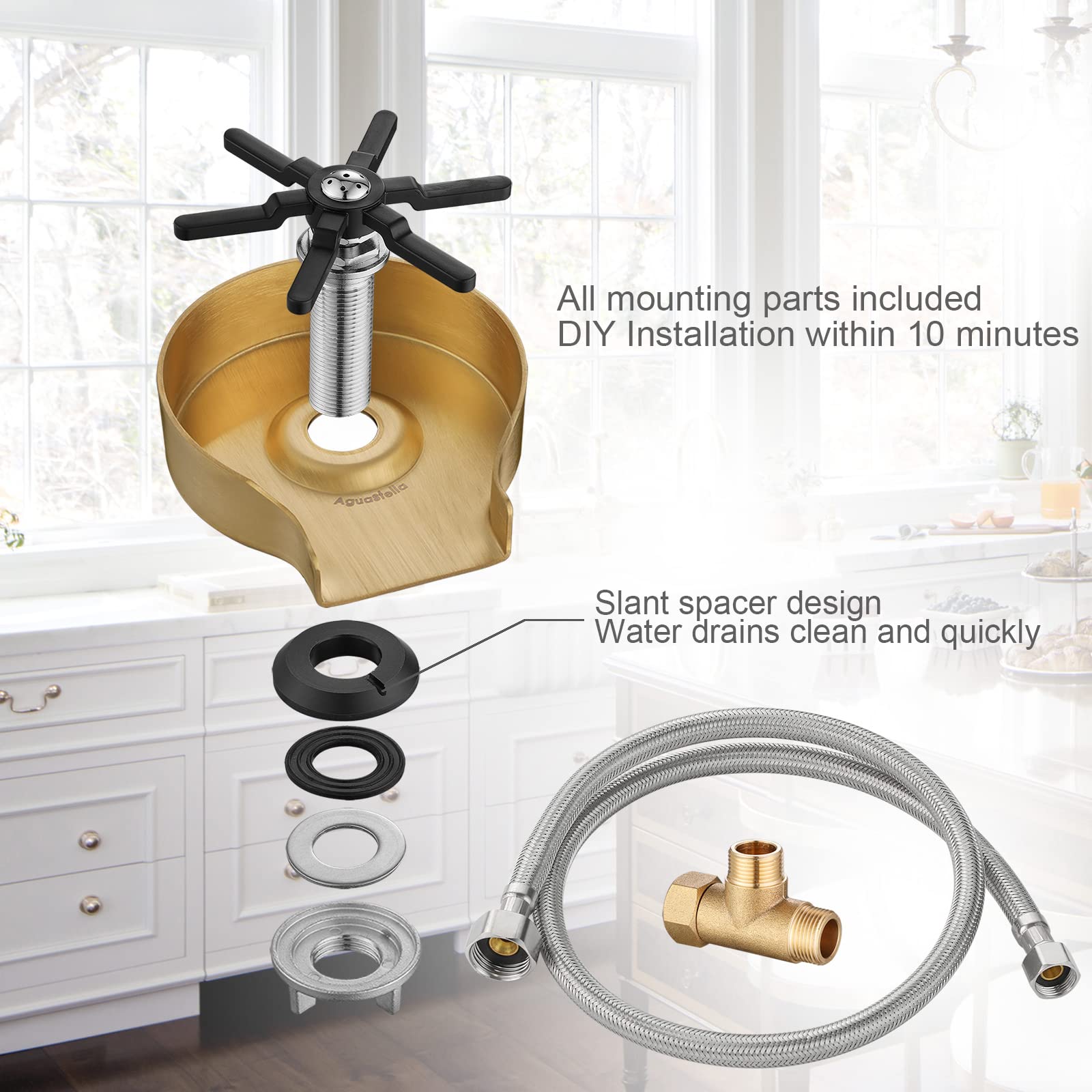 AguaStella ASR01GS Brushed Gold Metal Glass Rinser for Kitchen Sink with Cover, Kitchen Sink Cup Riner, Bar Glass Rinser, Kitchen Sink and Bar Sink Accessory
