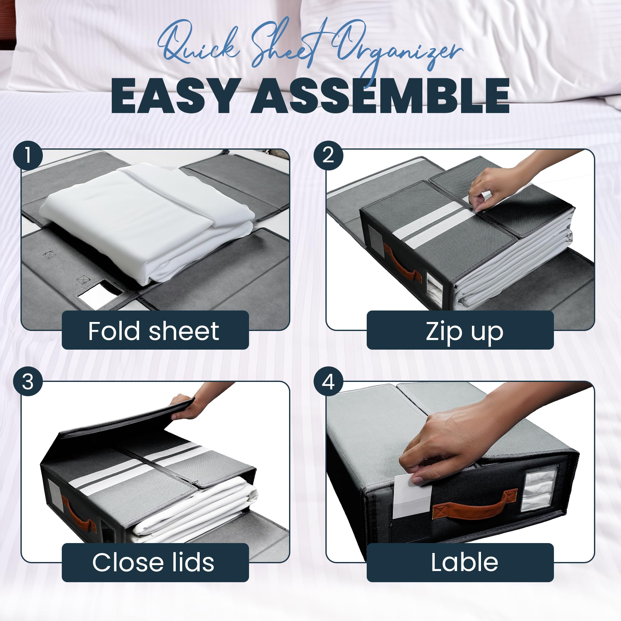 Bed Sheet Organizer pack of 4 – Beige Bed Sheet Organizers and Storage with Leather Handles – King & Queen Size Foldable Bed Sheet Storage Box with Label Cards & Windows for Visibility