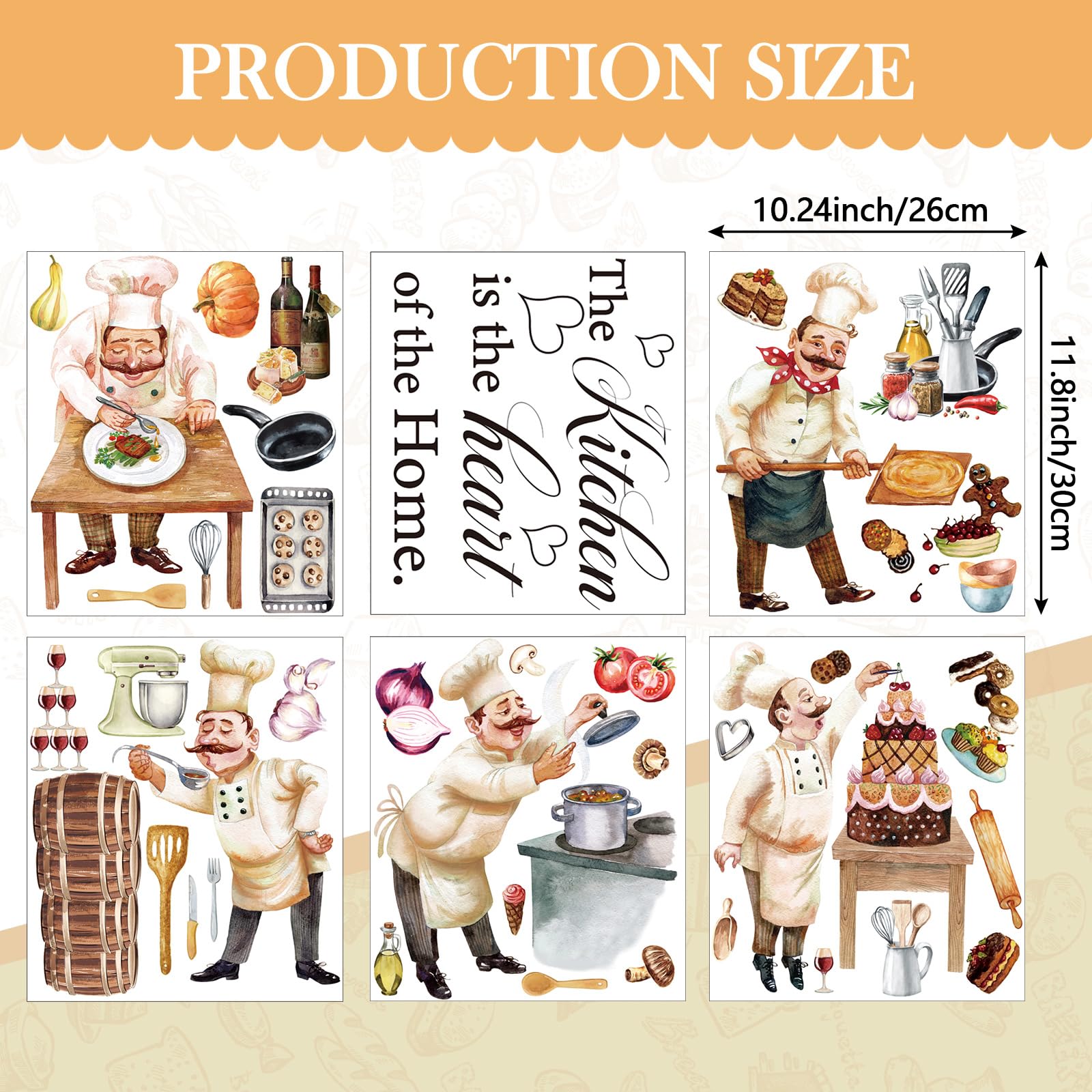 Chefs Peel and Stick Wall Decals Italian Fat Chefs Wall Stickers Cooking Wall Sticker Wine Cake for Kitchen Restaurant Dining Room Home Wall Decoration, 6 Sheets