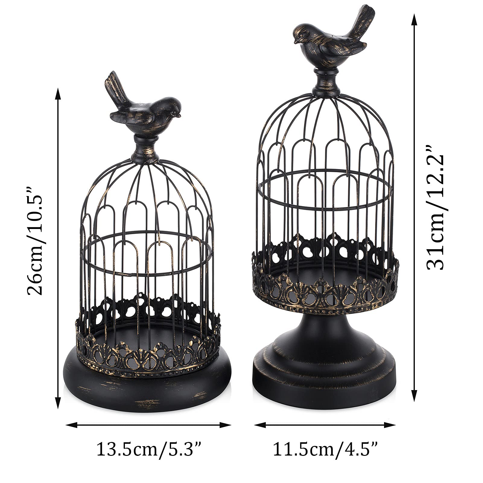 Decorative Candle Holder Bird Cage - Set of 2 Cage Lanterns for Candleholder Shabby Chic Country Home Decoration Table Centerpiece Mantel Decor, 10’’/12’’ Tall, Distressed Ivory
