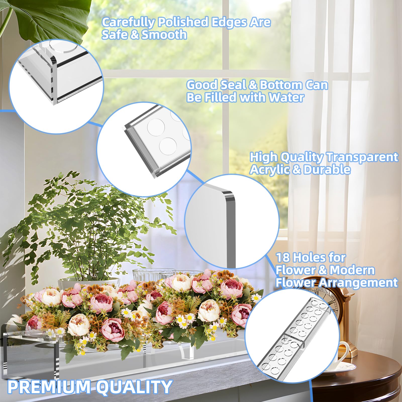 Acrylic Flower Vase Rectangular,18 Inches Clear Acrylic Vase,Long Acrylic Vase with 18 Holes,Low Laying Unique Flower Vases for Home Decor or Weddings