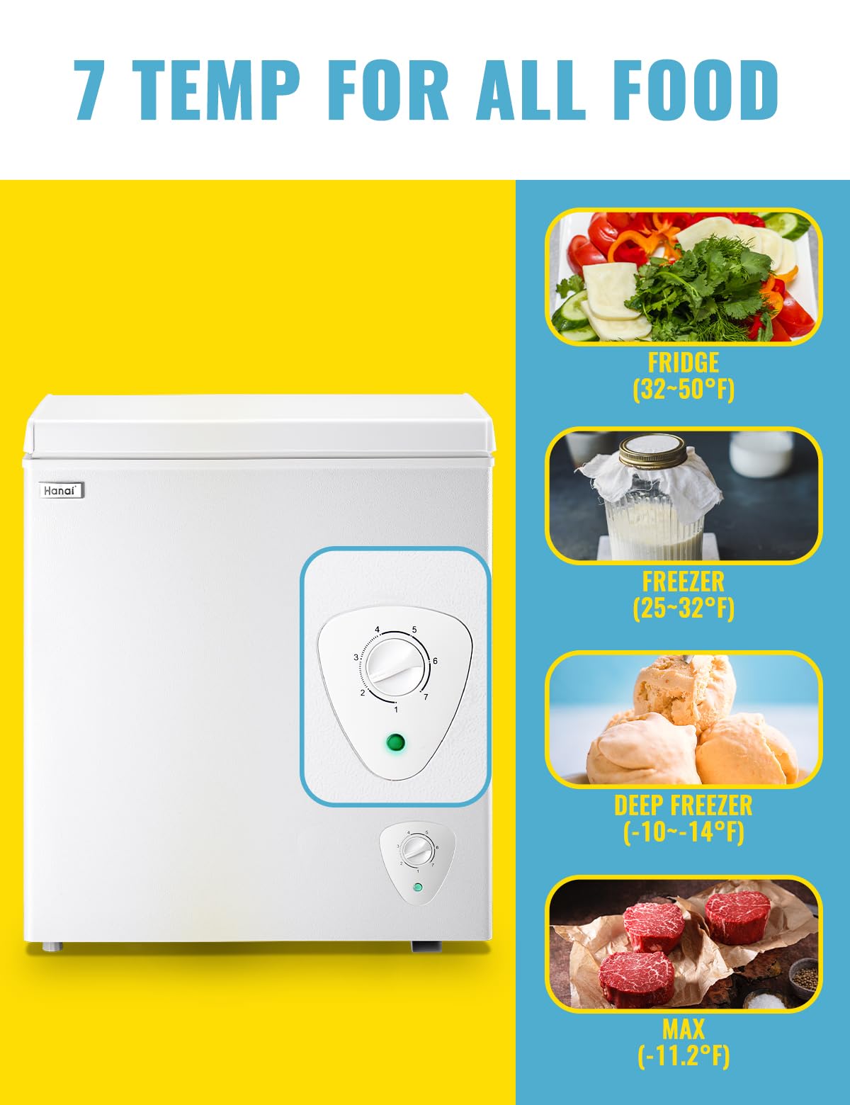 5.0 Cubic Feet Chest Freezer Small Deep Freezers with Removable Storage Basket Free Standing Top Door Compact Freezer 7 Gears Temperature Control for Office Dorm Apartment