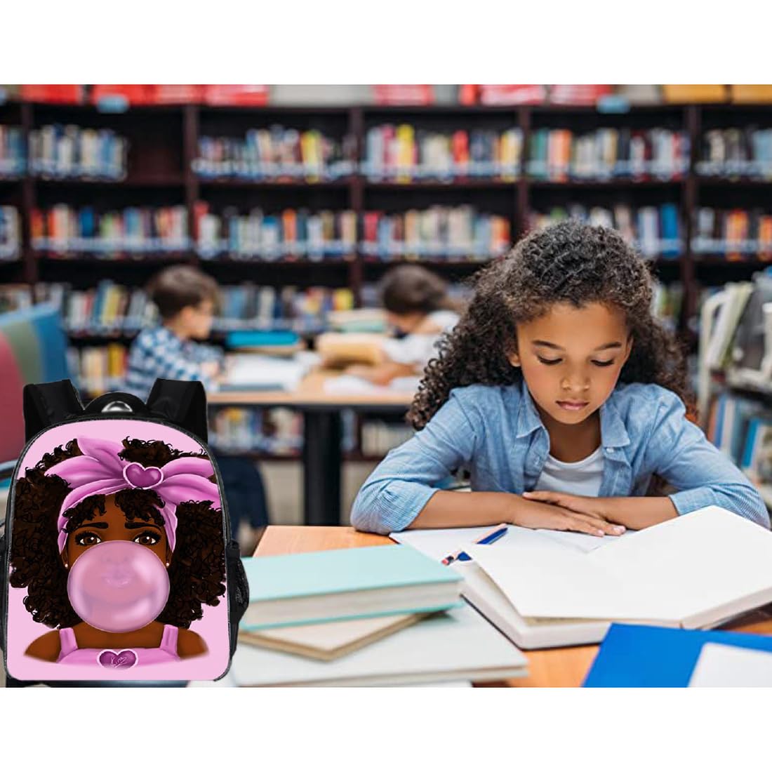 AHHXQQN African girl three piece backpack set cute black girl backpack suitable for teenage female students 16 inches