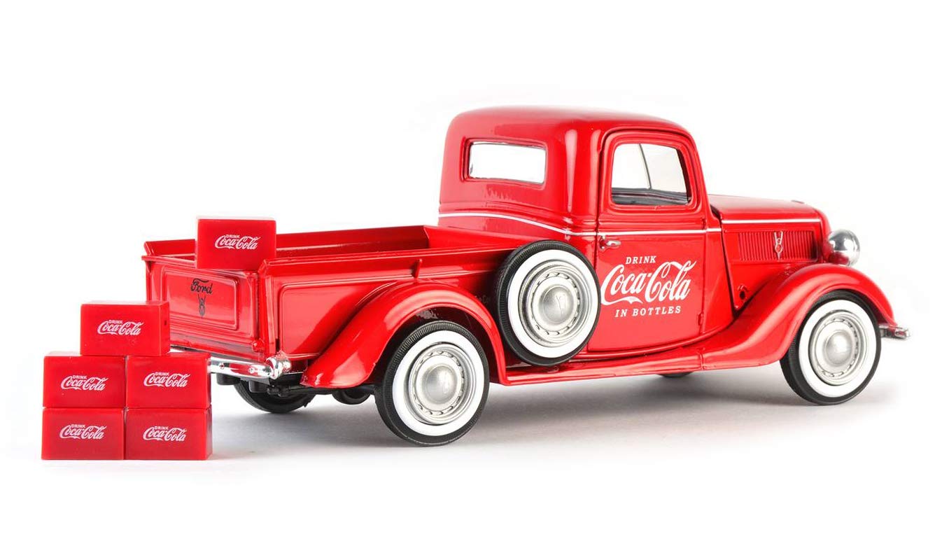 Coca-Cola 1937 Ford Pickup Truck, 6 Bottle Carton Accessories 1/24 Diecast Model Car Motorcity Classics, 7-inch Long, Red, Zinc