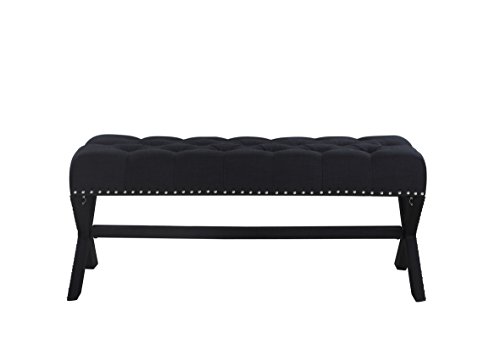 Iconic Home Dalit Updated Neo Traditional Polished Nailhead Tufted Linen X Bench, Black