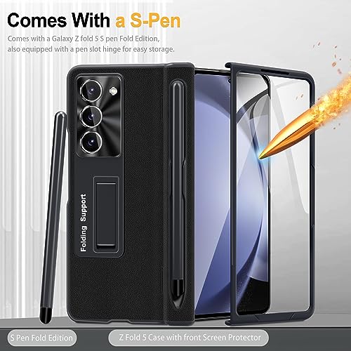 Fingic for Samsung Galaxy Z Fold 5 Case [with S Pen & Built in Screen Protector & S Pen Holder ] Kickstand Hinge Protection Military Grade Drop Tested 360° Full Body Protective Phone Case,7.6"(Black)