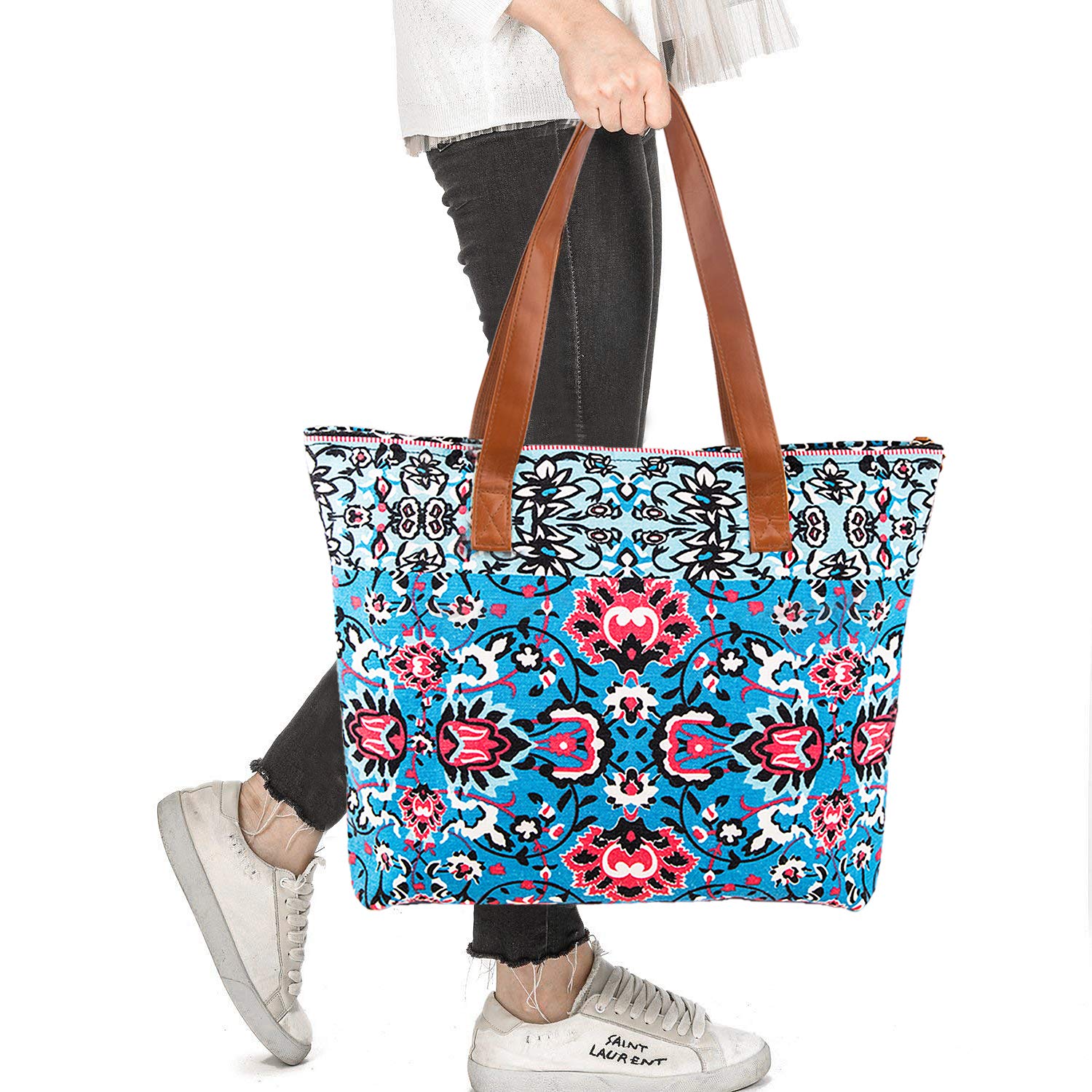 DEMOMENT Canvas Floral Shopping Zip Top Tote Bag GYM Hiking Picnic Travel Beach Pool Shoulder Book Bag (Blue and Rainbow)