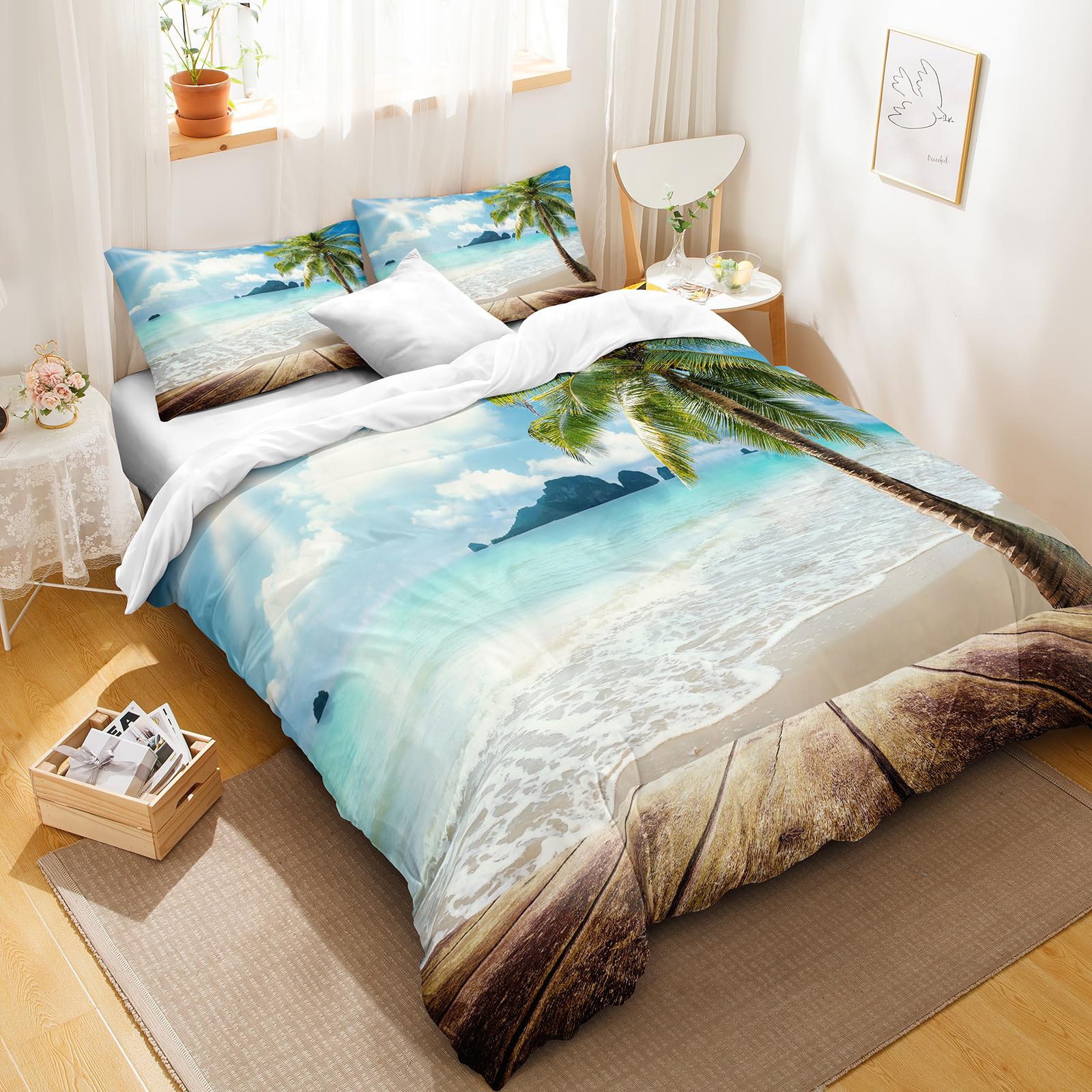 Bedbay Tropical Bedding Set Queen Size,Beach Duvet Cover,Sunny Beach Palm Tree Comforter Cover,Summer Bedding Beach Room Decor,3 Pieces Soft Beach Quilt Cover with Zipper Closure(Beach,Queen)
