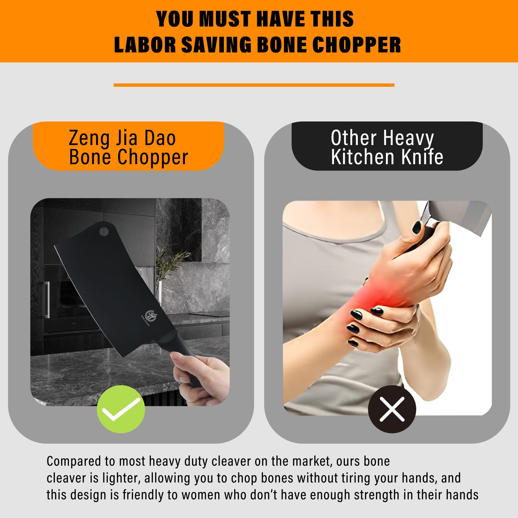 ZENG JIA DAO Meat Cleaver Knife, 6.7" Stainless Steel Butcher Chopper with Black Coating Ergonomic Sturdy Handle 2024 Gift