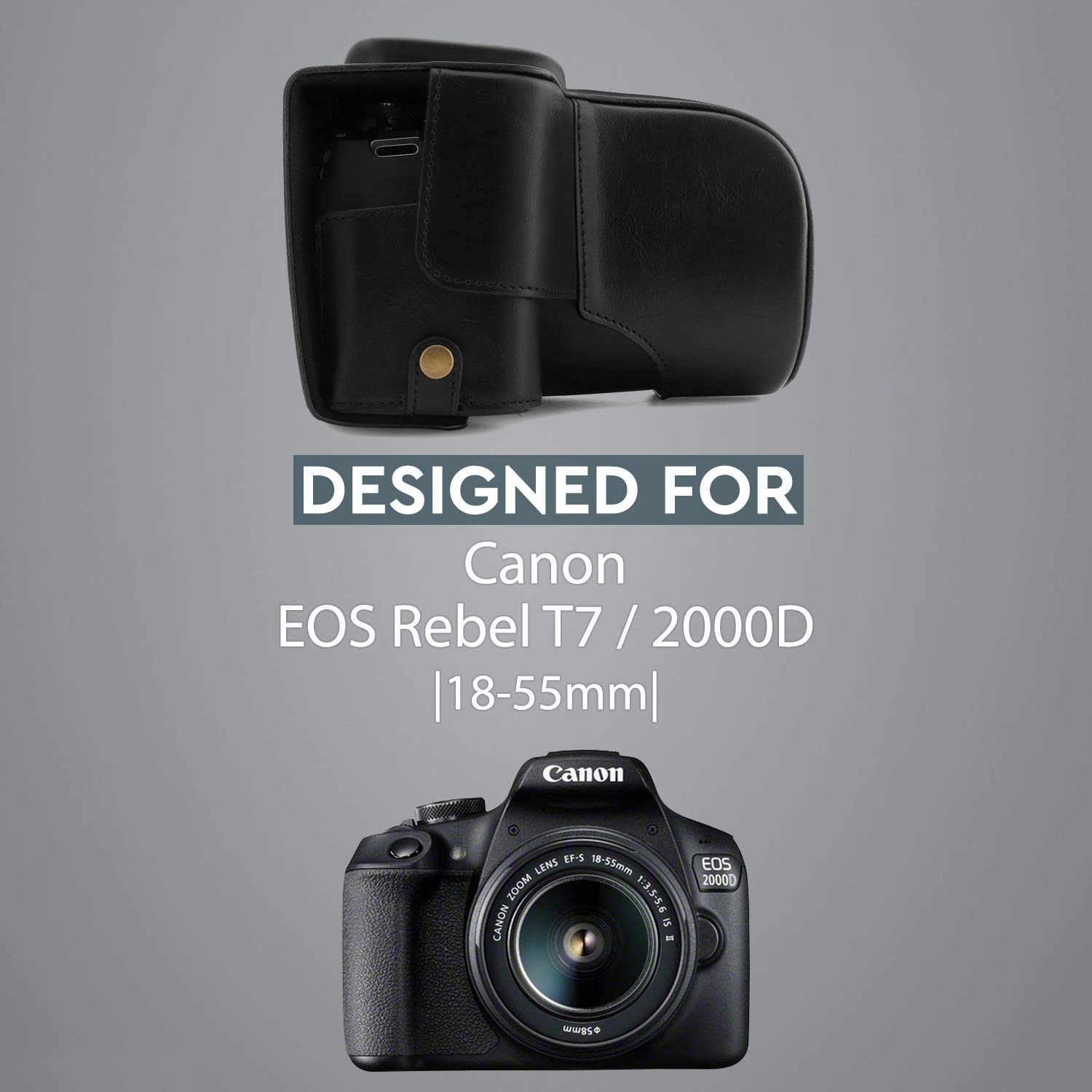 MegaGear MG1607 Ever Ready Leather Camera Case compatible with Canon EOS Rebel T7 (18-55mm), 2000D (18-55mm) - Black