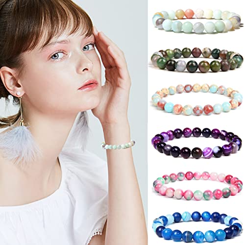 FINZOR 15 Pcs 8mm Healing Stone Beaded Bracelets for Women Men Semi-Precious Gemstones Bracelets Crystal Beaded Bracelet Unisex Adjustable Stretch Bracelets