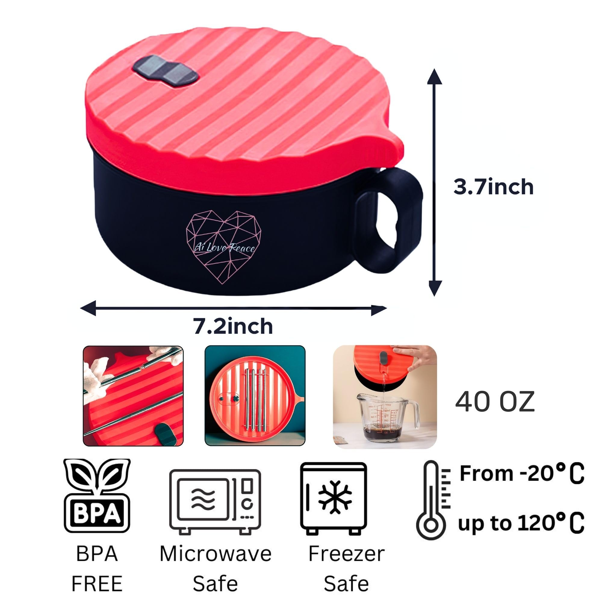 AI LOVE PEACE Microwave Ramen Bowl with Lid - Microwavable Noodle Cooker Container for Dorm Essentials, Ramen Maker, Meal Prep Microwave Safe Instant Noodles Soup Bowl - BPA Free, Dorm Room Gift (Red)