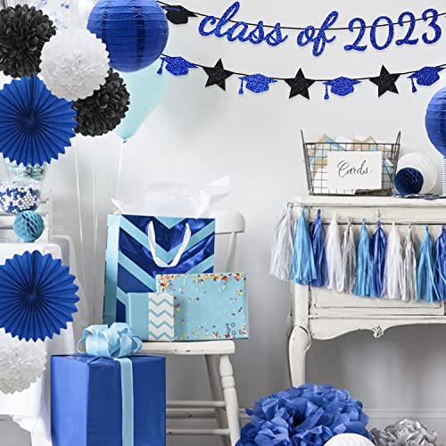 Graduation Party Supplies Glitter Class Of Banner Backdrop Hanging Paper Flowers Pom Poms Decoration Blue