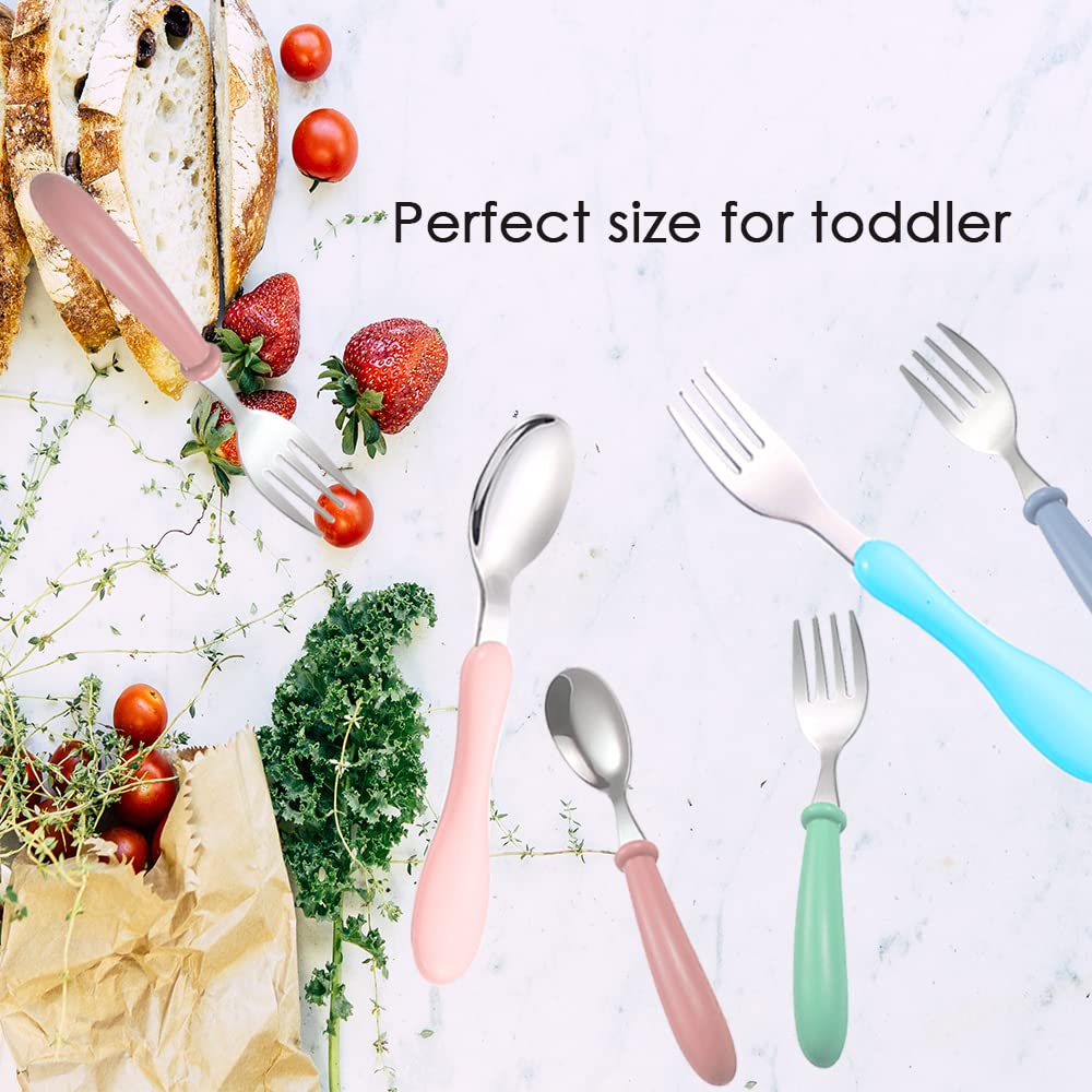 AWEELON 8PCS Kids Utensils,Toddler Utensils Stainless Steel Baby Forks and Spoons Silverware Set with Round Handle for Lunch Box