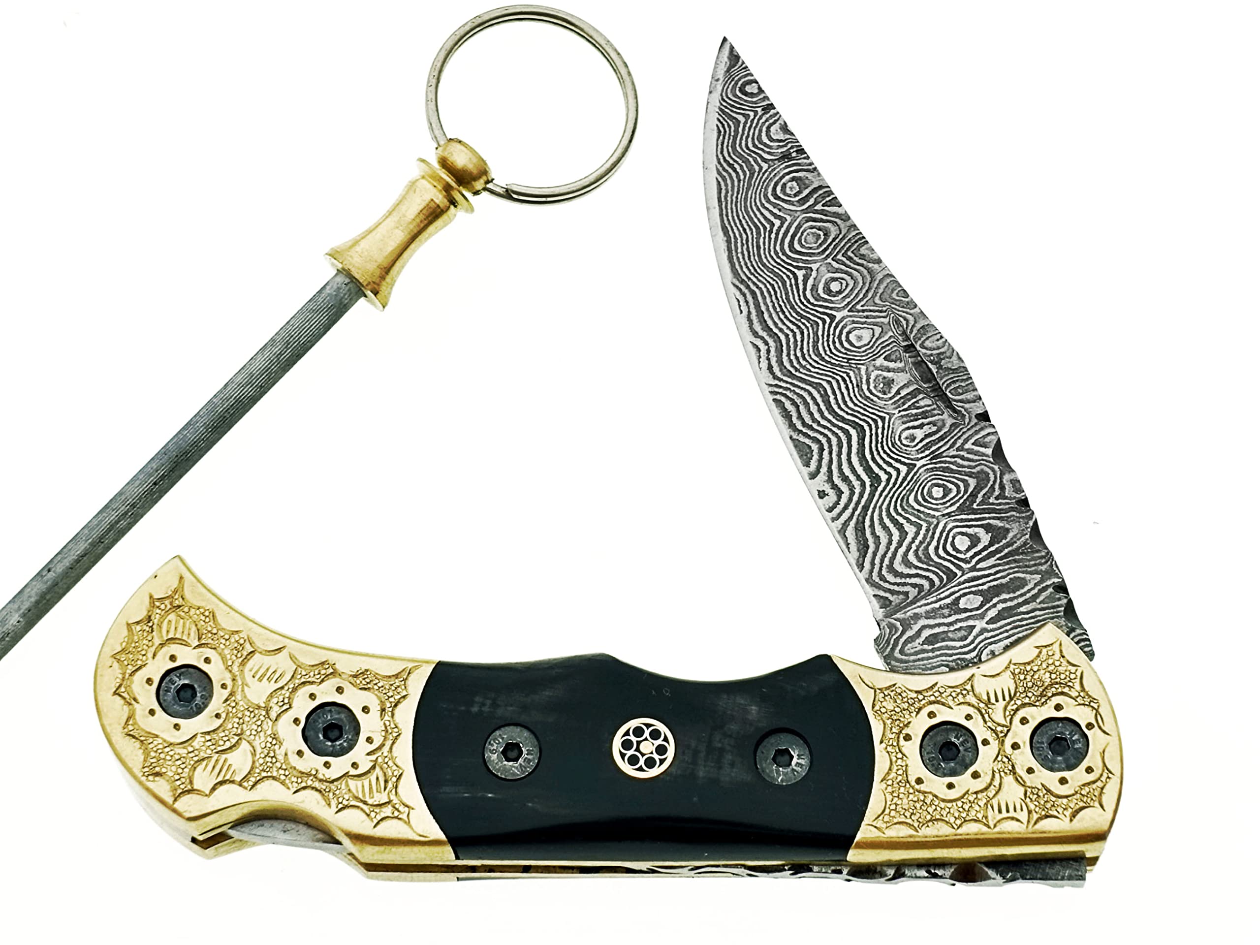 Damascus Steel Blade Folding Pocket Hunting Lock Knife With Real Leather Sheath For Camping Fishing Outdoor. SM106