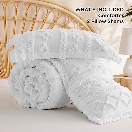 Bedsure Tufted Boho Comforter Set Queen - White Boho Bedding Comforter Set, 3 Pieces Farmhouse Shabby Chic Embroidery Bed Set, Soft Jacquard Comforter for Women Men Girls
