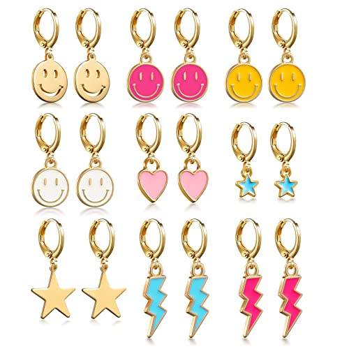 9 pairs /18 pairs, college style earrings, fashion personality earrings, smile heart star lightning and colorful pendant, make you look more vibrant, energetic, young.(age:over 3 years old)