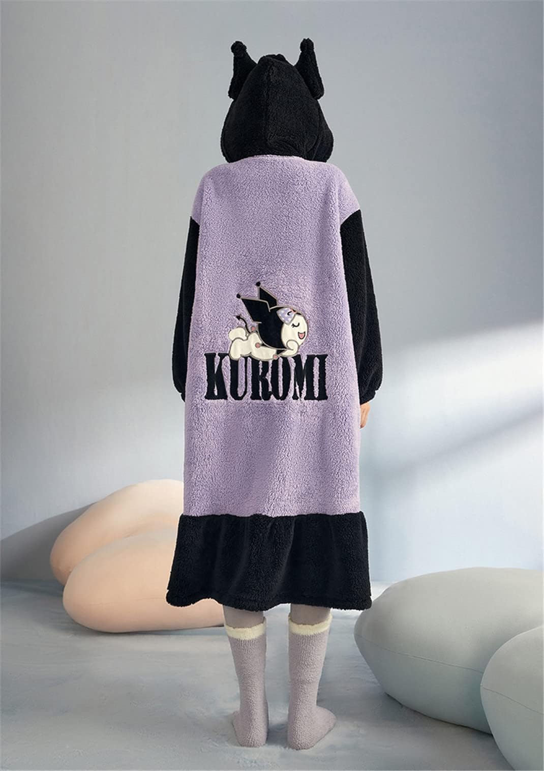 Akedimo Kawaii Anime Kuromi Winter Plush Thick Flannel Pajamas Soft Warm Comfortable Robe (Large)