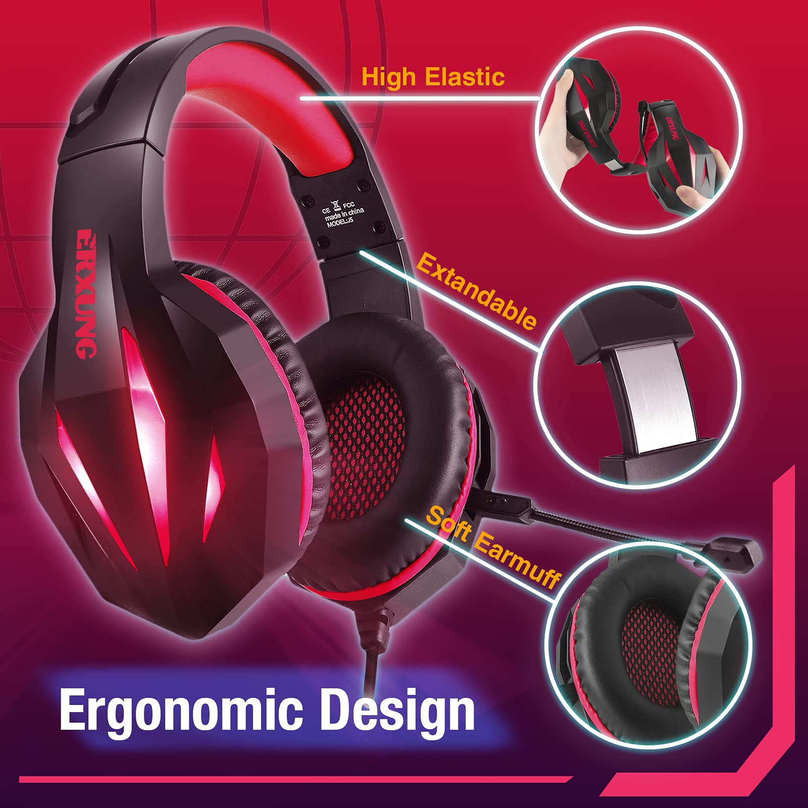 ACCOF Gaming Headset for PC PS4 PS5 Xbox One Controller, Stereo Surround Sound Gamer Headphone with Mic Noise Cancelling,LED Light Soft Memory Earmuffs for Laptop Mac Switch Tablet